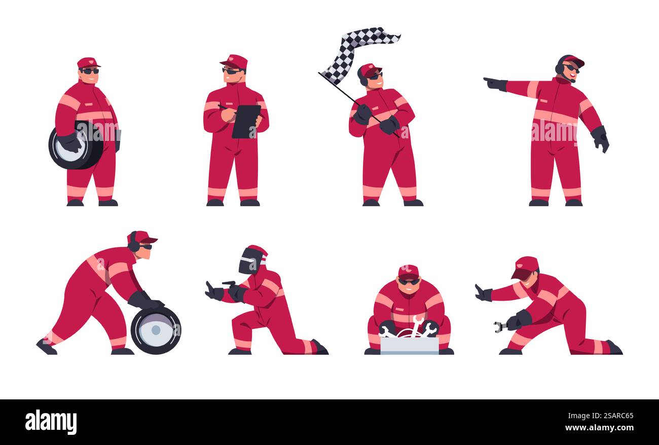 Racing engineers. Race car team. Pit stop workers in red uniform ...