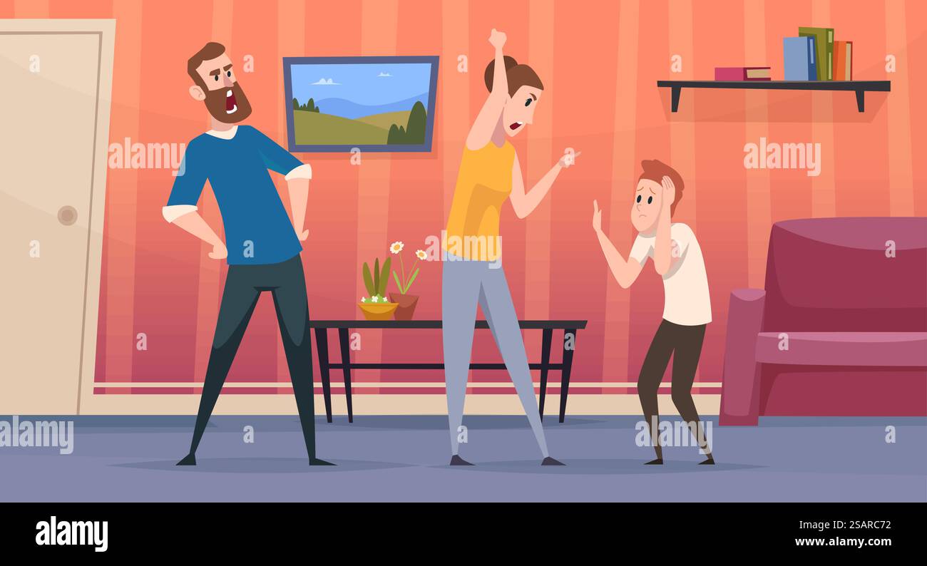 Aggressive relationship. Parents screaming to kids quarrel family exact ...