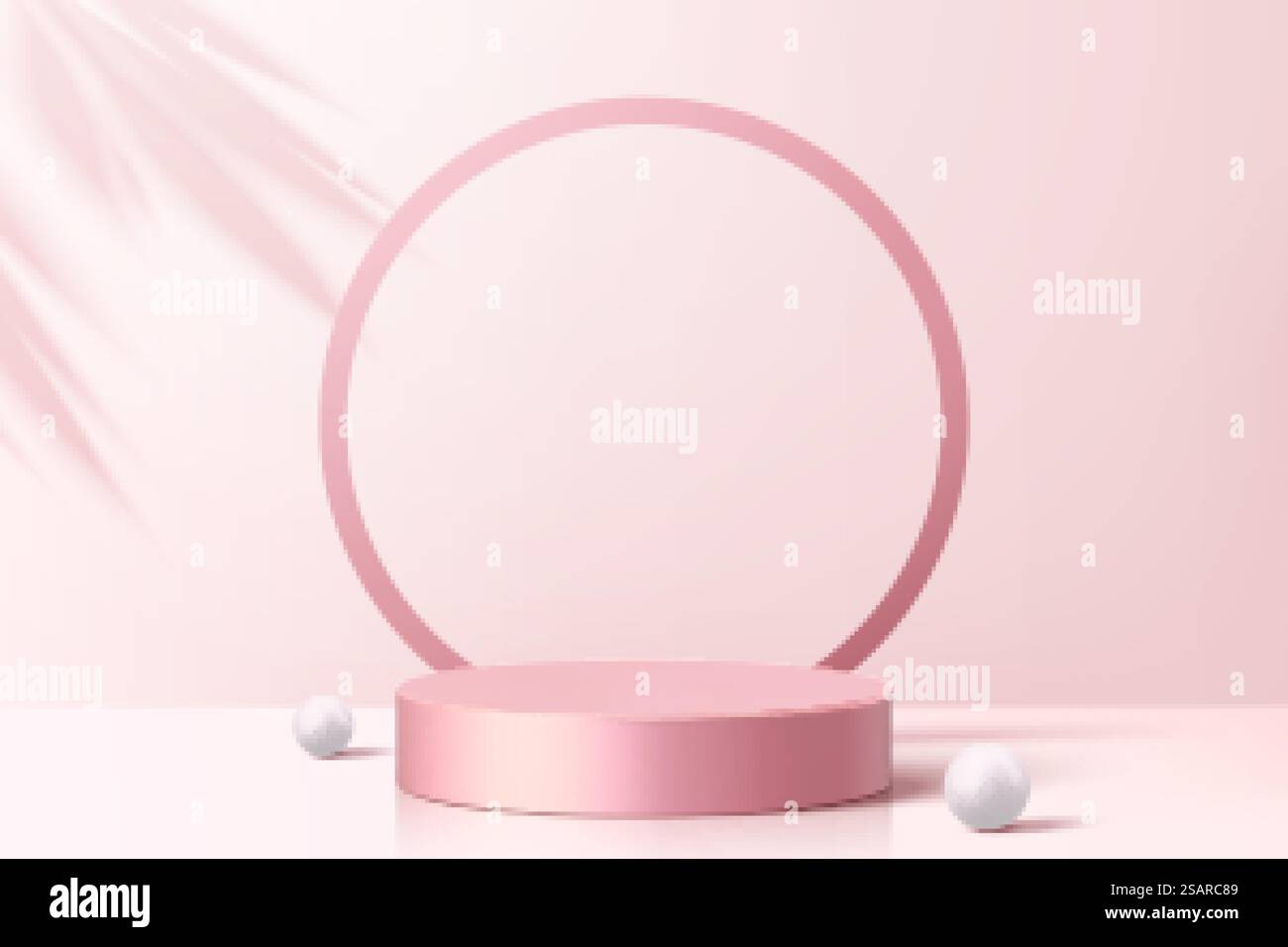 Product display podium decorated with pearls and leaf shadow on cherry ...