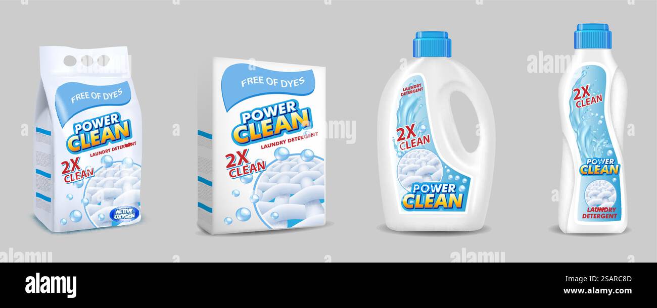 Laundry detergent pack with label mockup set. Vector 3d realistic ...