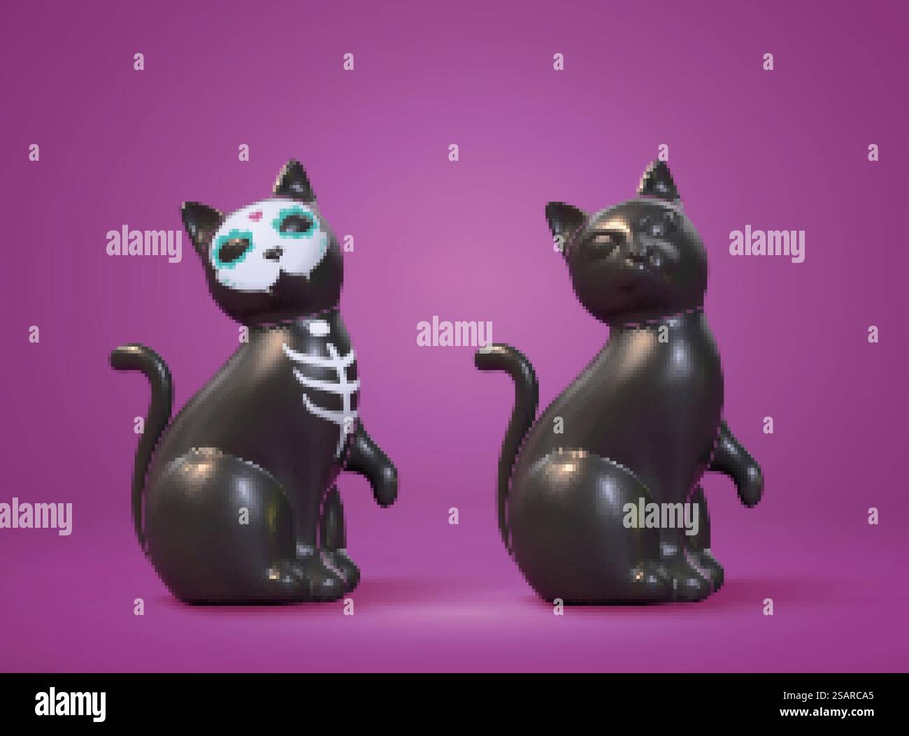 3d black cat set on purple background. One cat with sugar skull mask ...