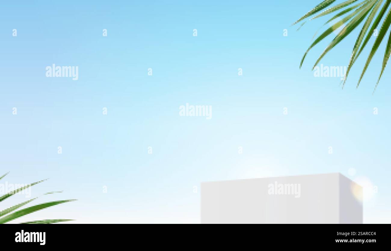 3d illustration of white concrete podium with clear sky and topical ...