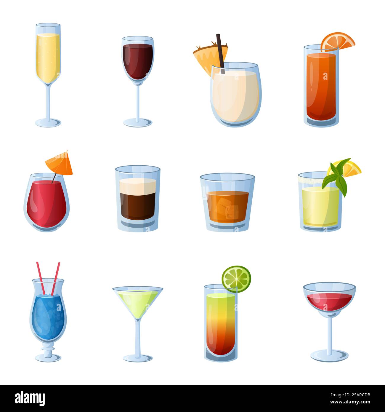 Cocktails. Cartoon alcohol beverages in different glasses for bar or ...