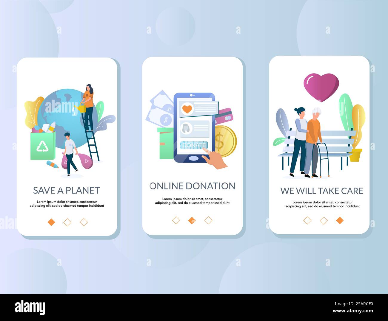 Volunteering mobile app onboarding screens. Menu banner vector template ...