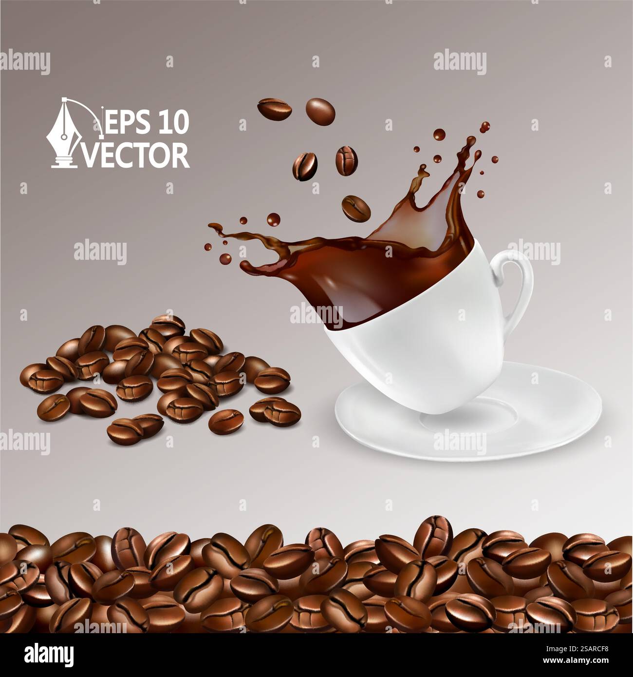 White coffee cup, falling roasted beans, coffee splash, arabica ...