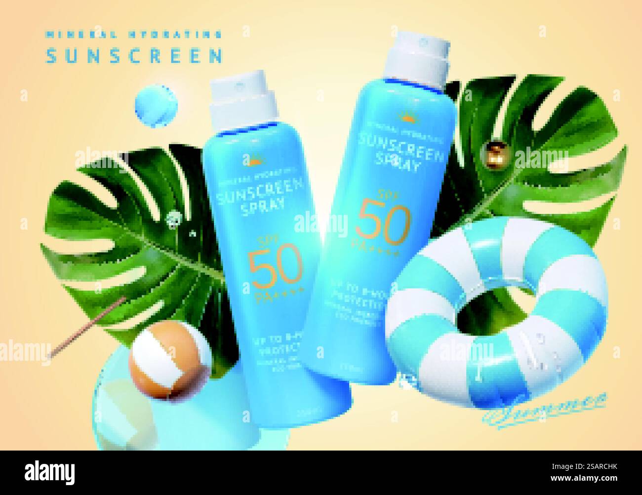 3d ad design for sunscreen product display. Composition of two spray ...