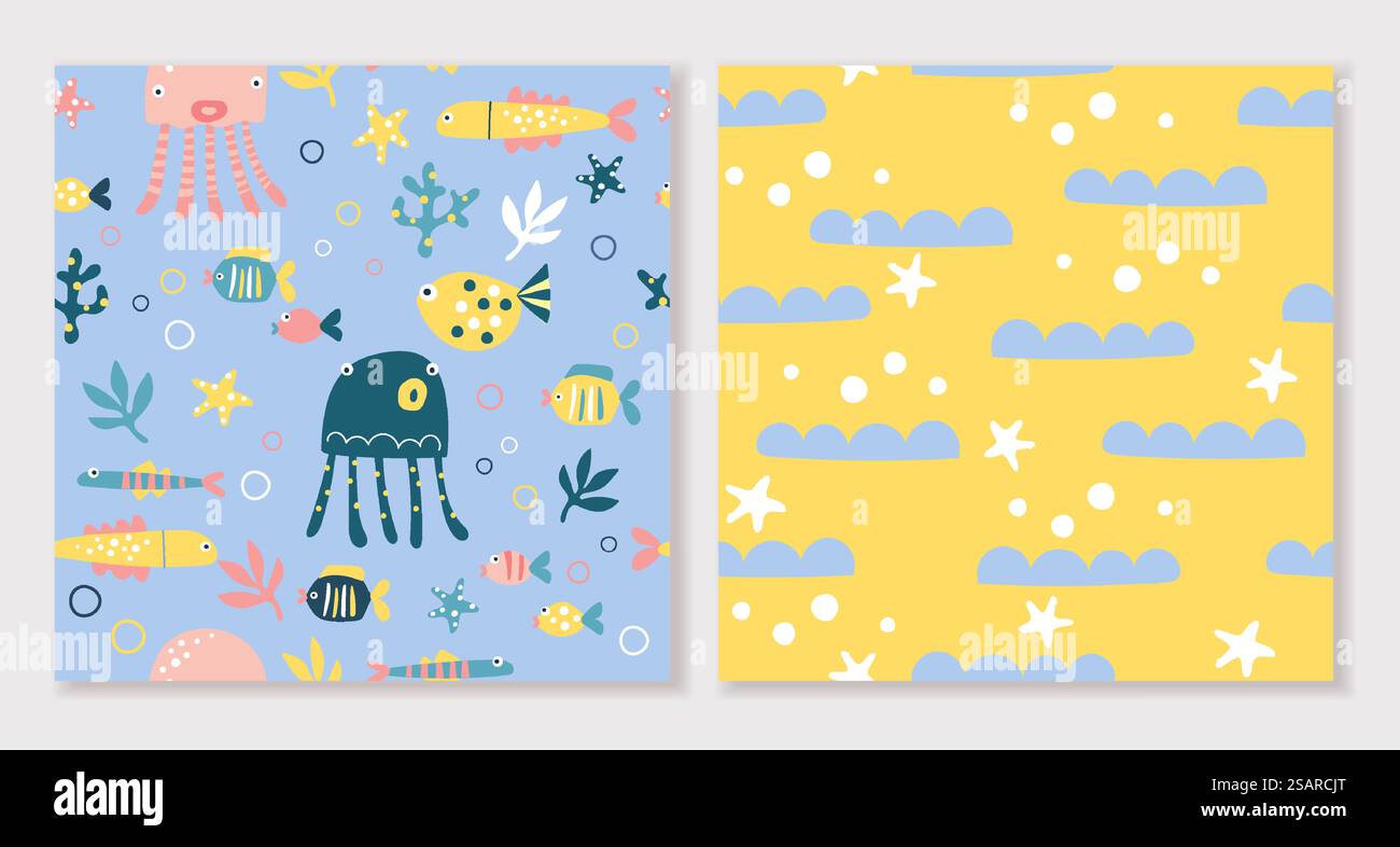 Seamless patterns collection for kids. Vector set includes cute graphic ...