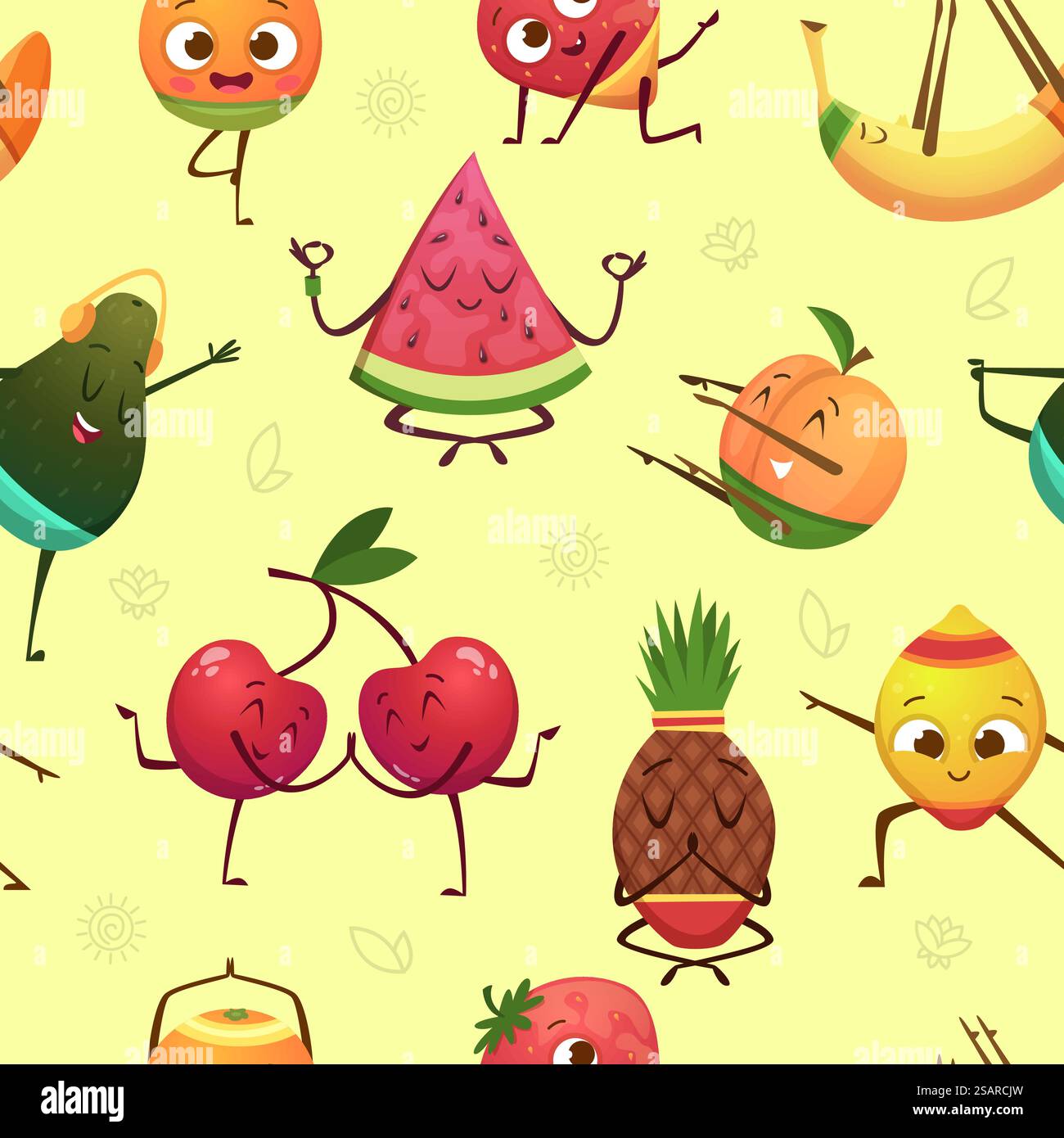 Fruits characters pattern. Funny fruits in action poses making sport ...
