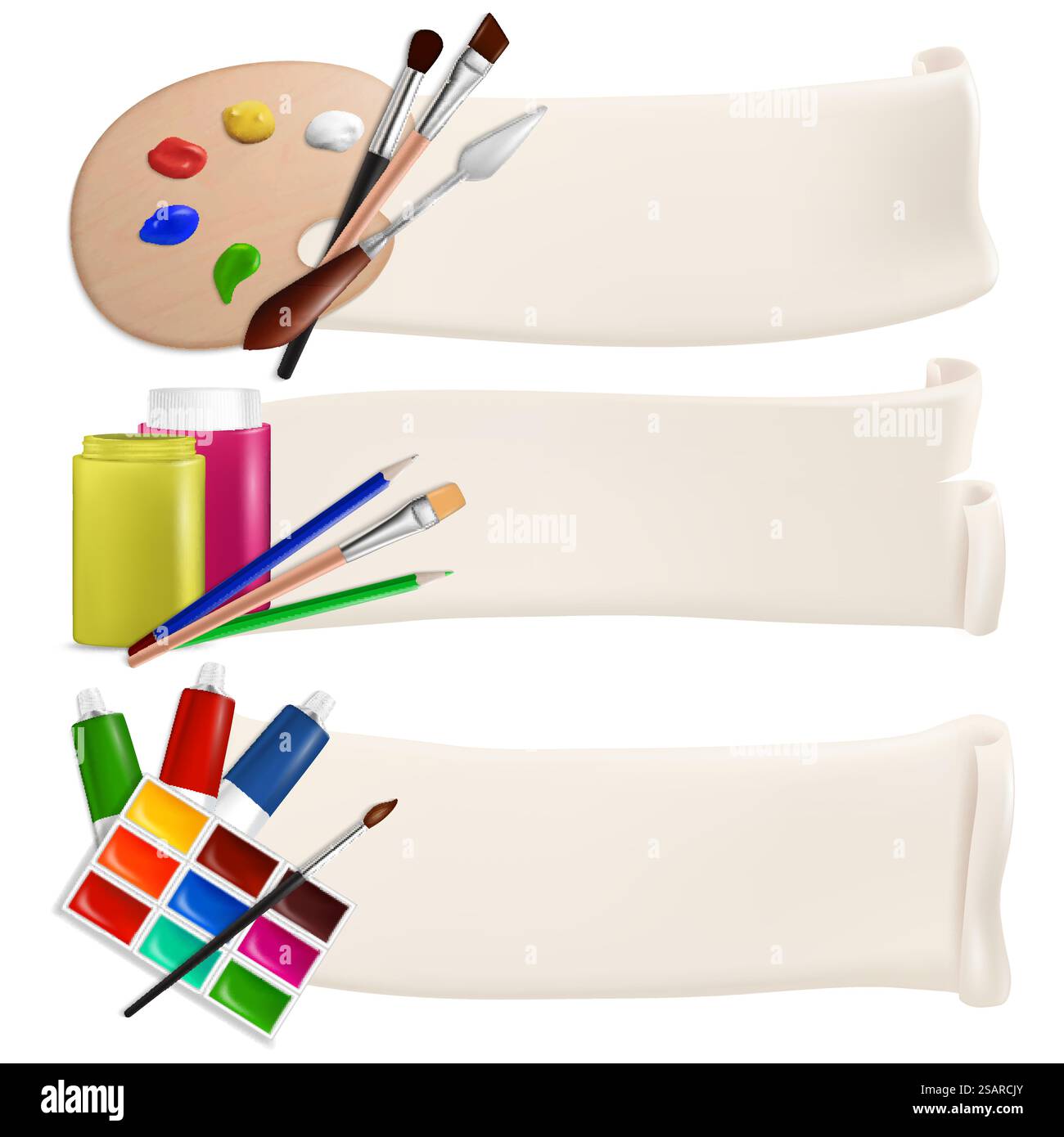 Vector set of retro banners with realistic artist tools and accessories ...