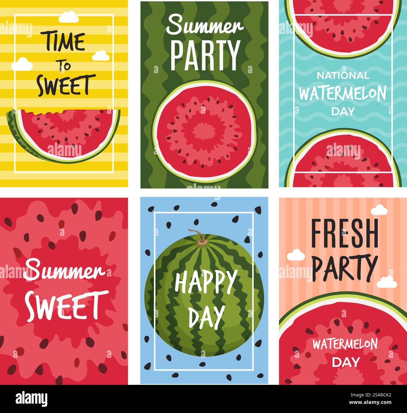 Watermelon banners. Holiday decorated cards with sliced fresh healthy ...
