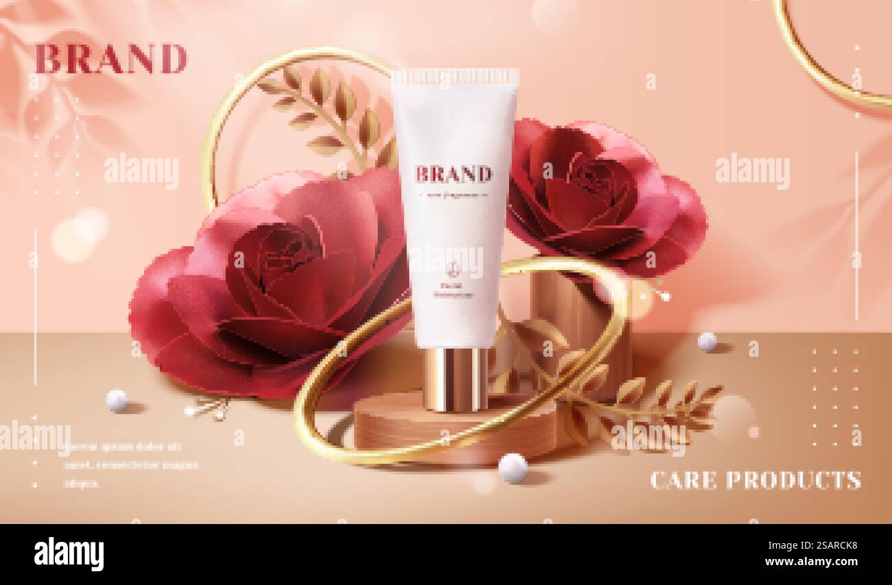 Modern luxury cosmetic ad template. 3d skincare product tube on a wooden podium surrounded by ...