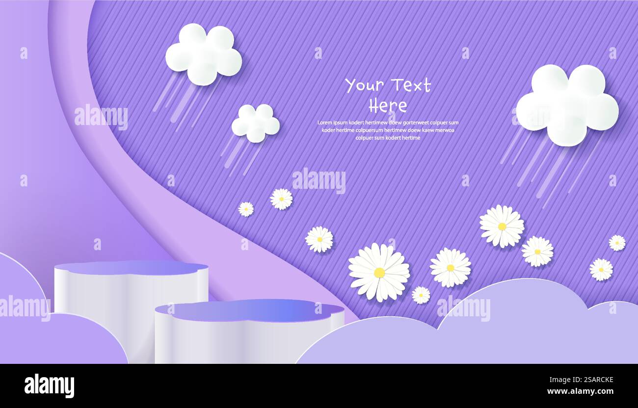 Stage podium decor with flower shapes, and clouds. 3d pedestal scene or ...