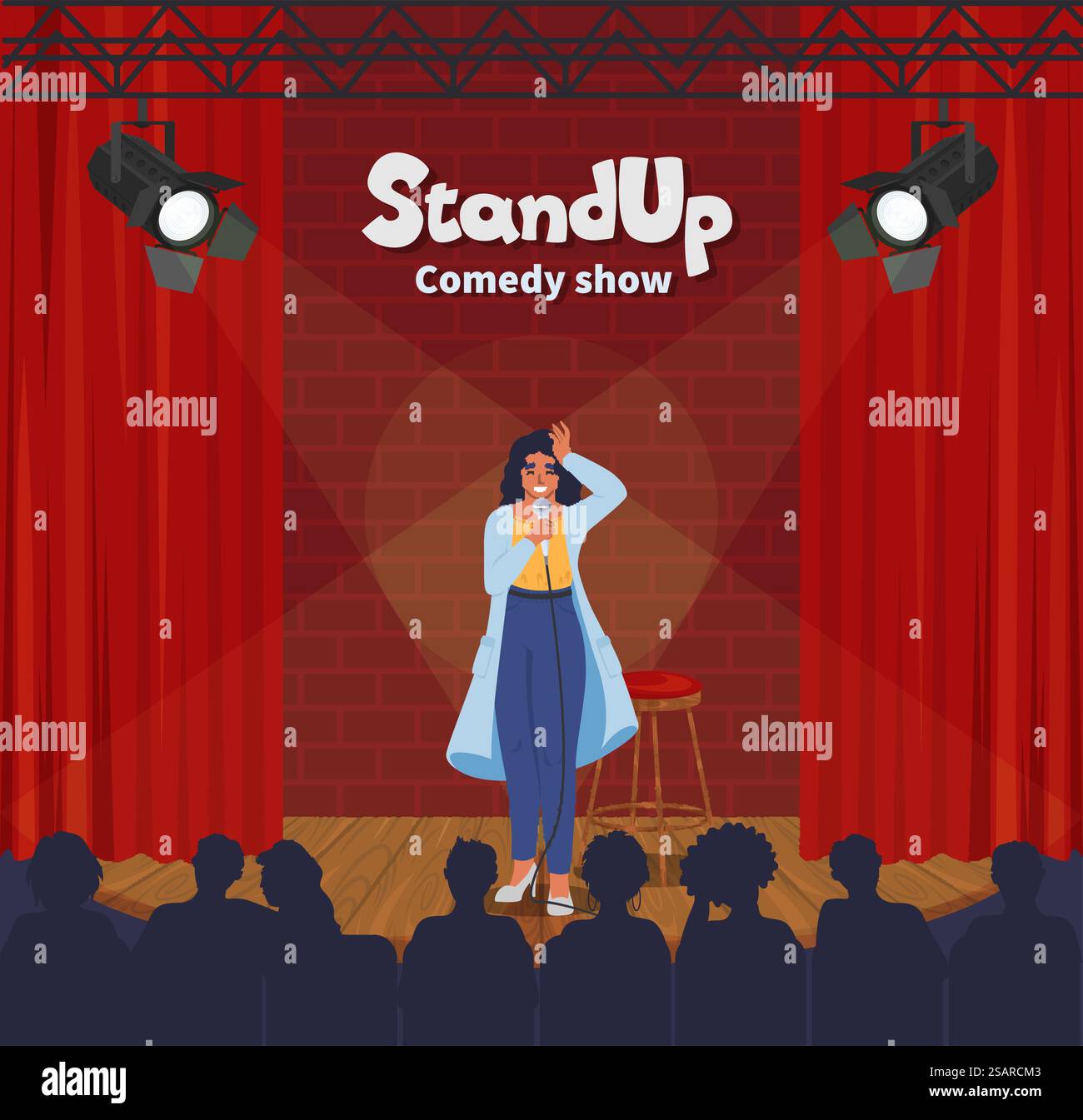 Stand up comedy show. Female comedian telling funny stories, jokes in ...