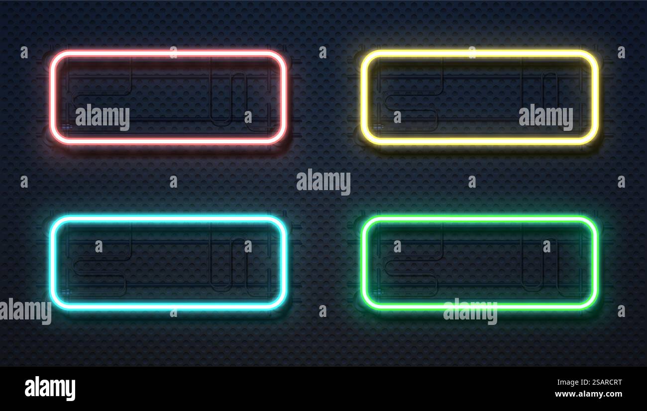 Neon rectangle lamps. Realistic square glowing frames. 3D electric ...