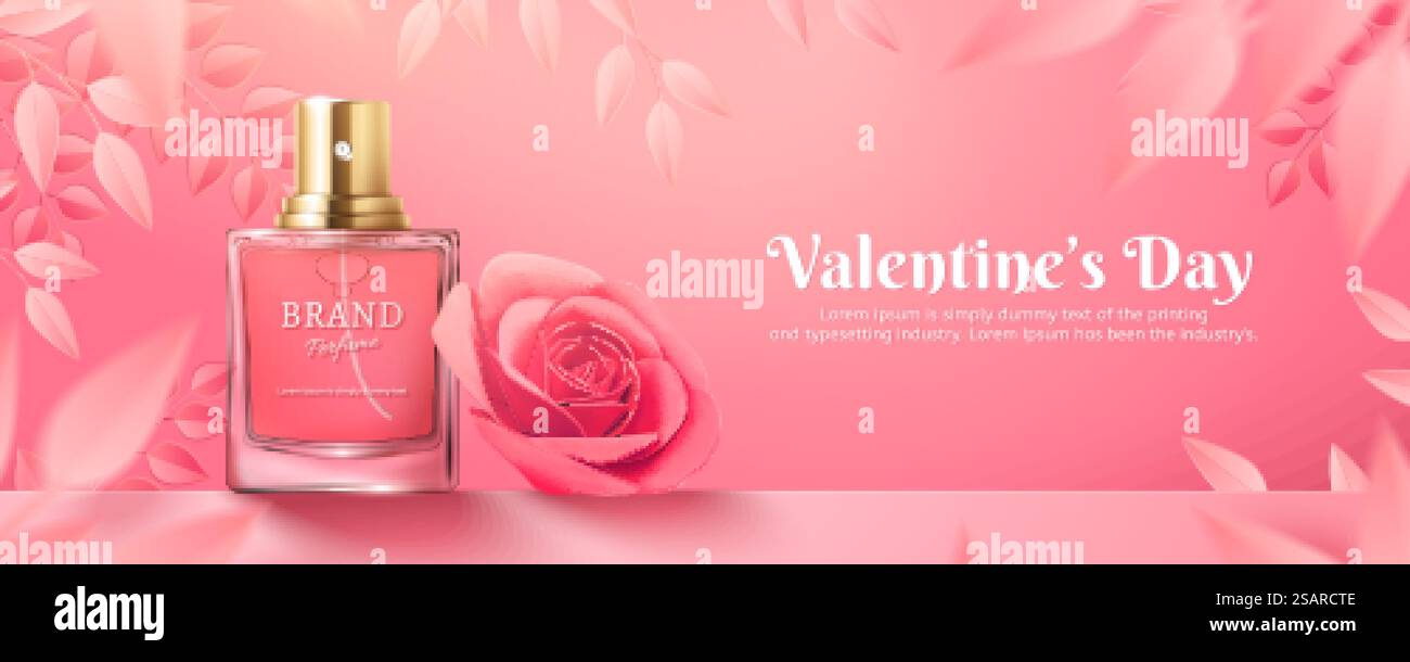 Valentine’s Day perfume ads with paper pink roses in 3d illustration ...