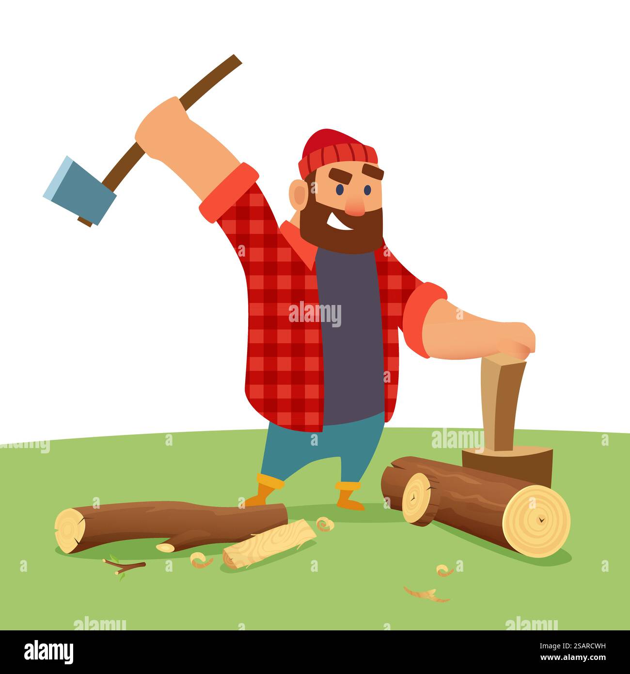 Lumberjack. outdoor character lumberjack smashing wood with big axe ...