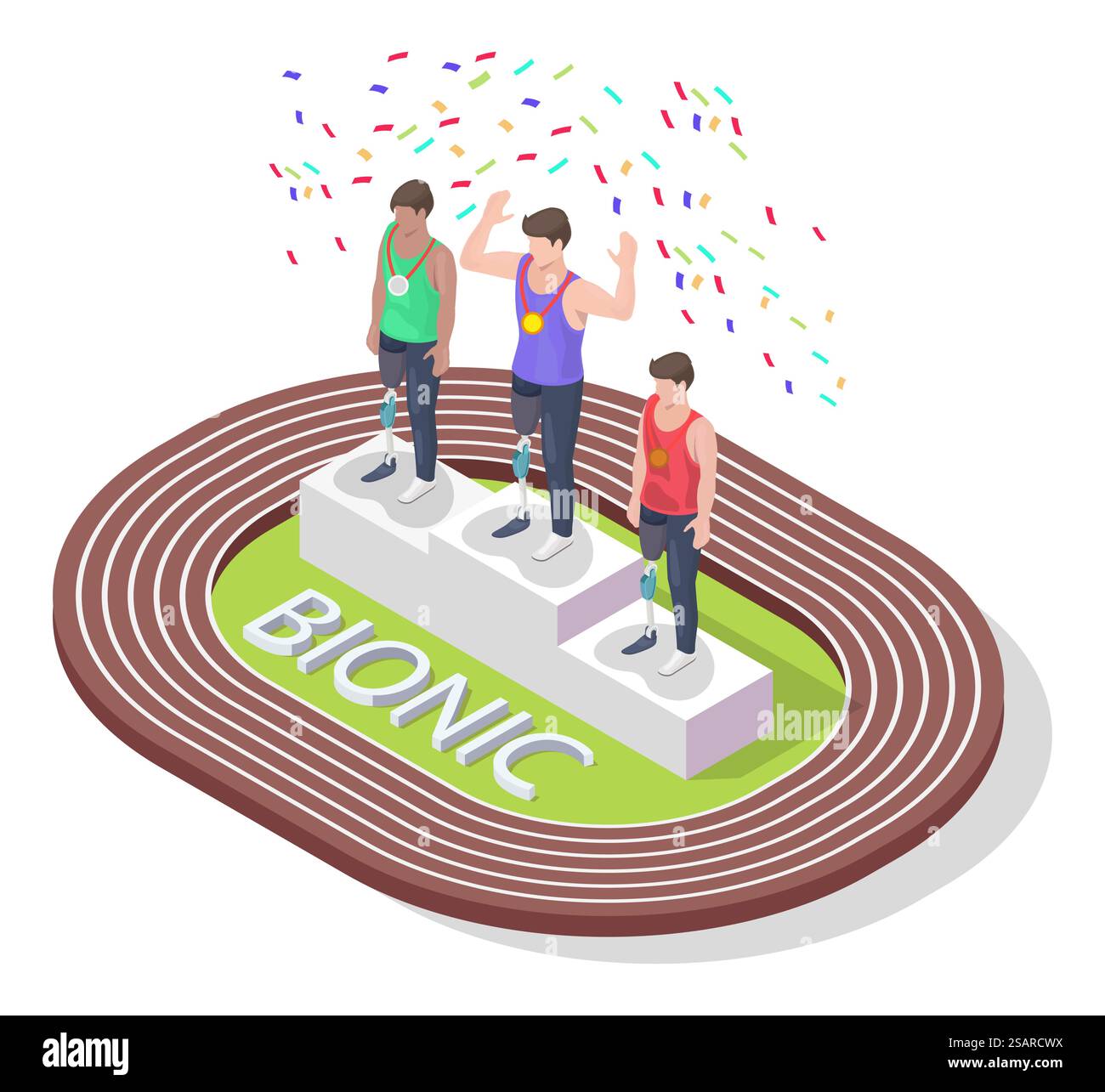 Isometric happy disabled athletes racing winners standing on podium ...