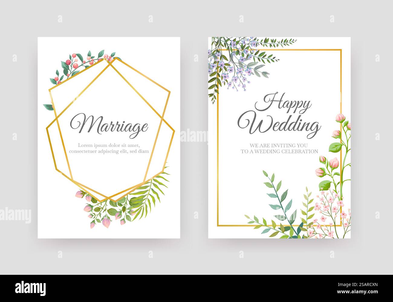 Wedding floral posters. Elegant invitation cards. Golden geometric ...