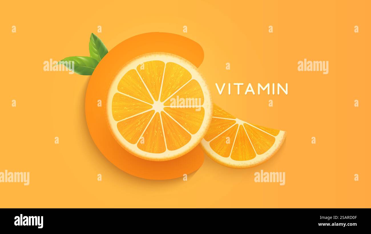 Vitamin C tablet banner ad with orange fruits. Citrus slices on simple ...