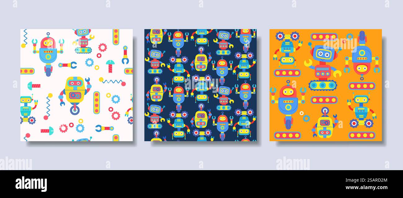 Cute robots seamless pattern collection, hand-drawn style used for fabric, textile, print ...