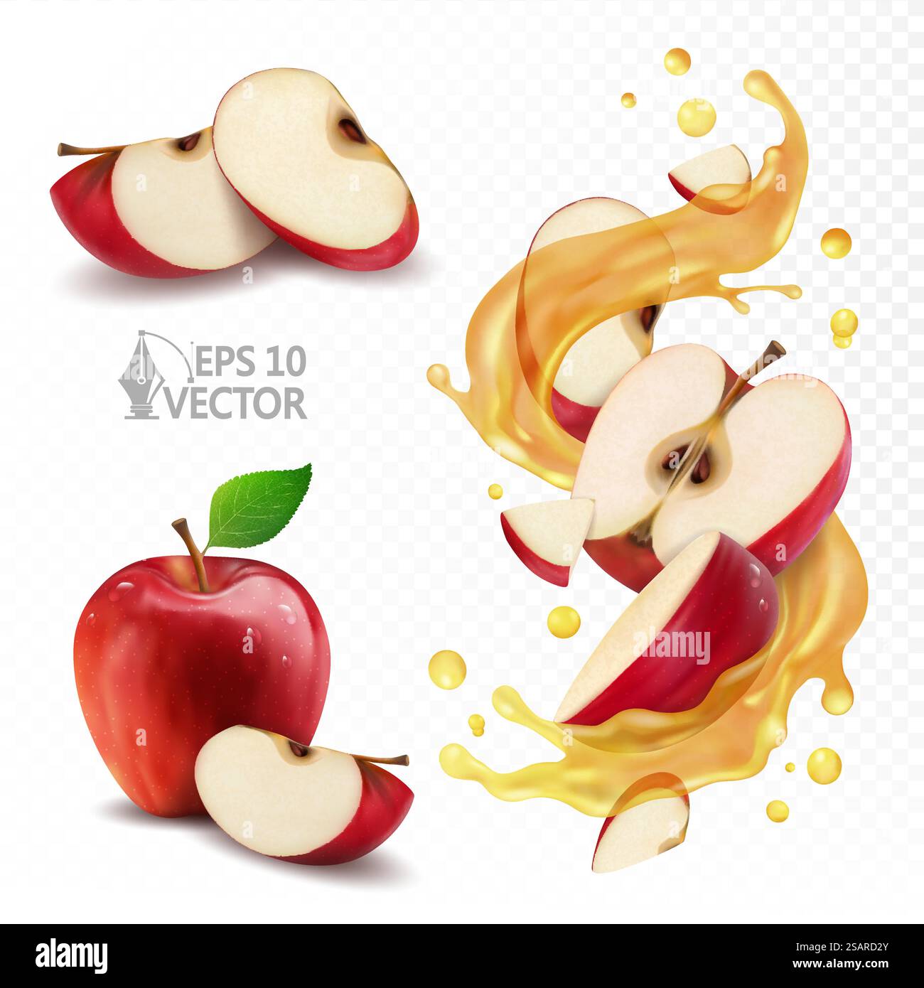 Realistic fresh apples, natural apple juice, pieces and half ...