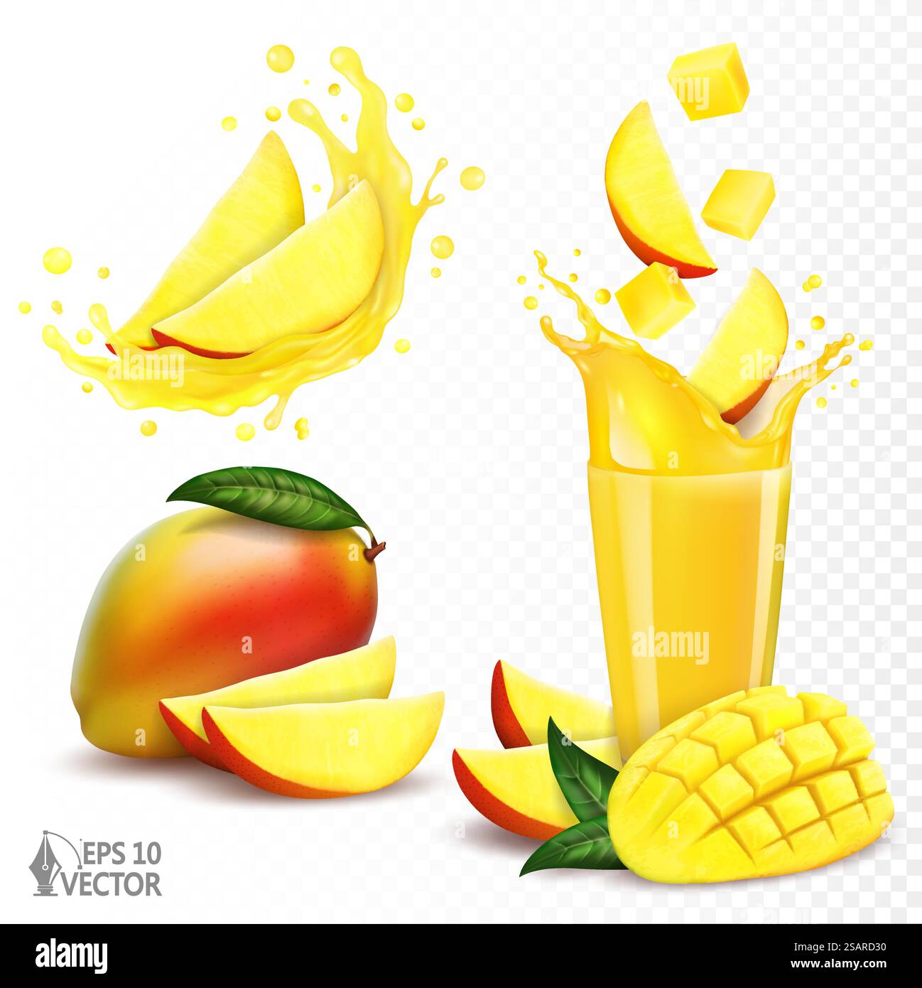 Realistic splash of transparent fruit juice in a glass, mango pieces ...