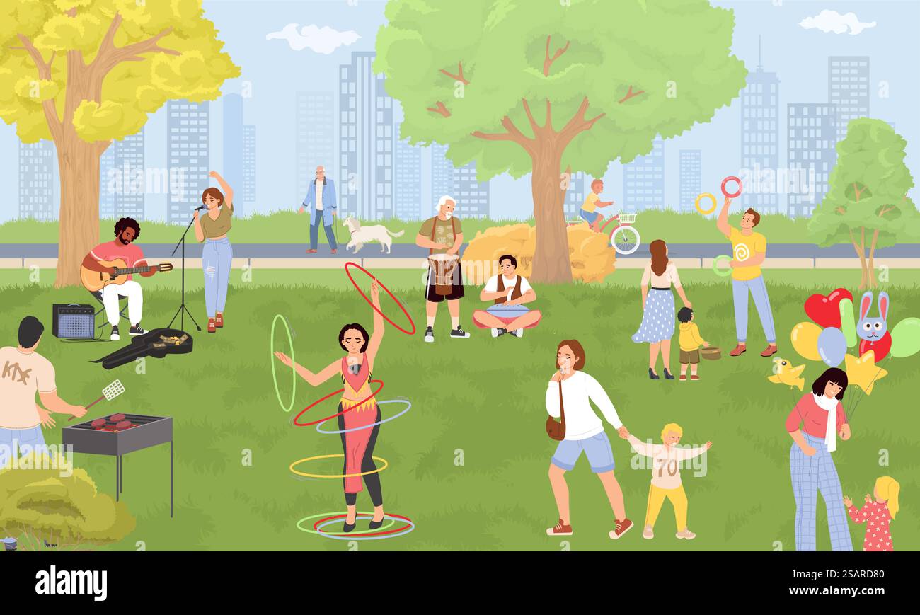 Busy park with street performers, people resting and walking vector ...
