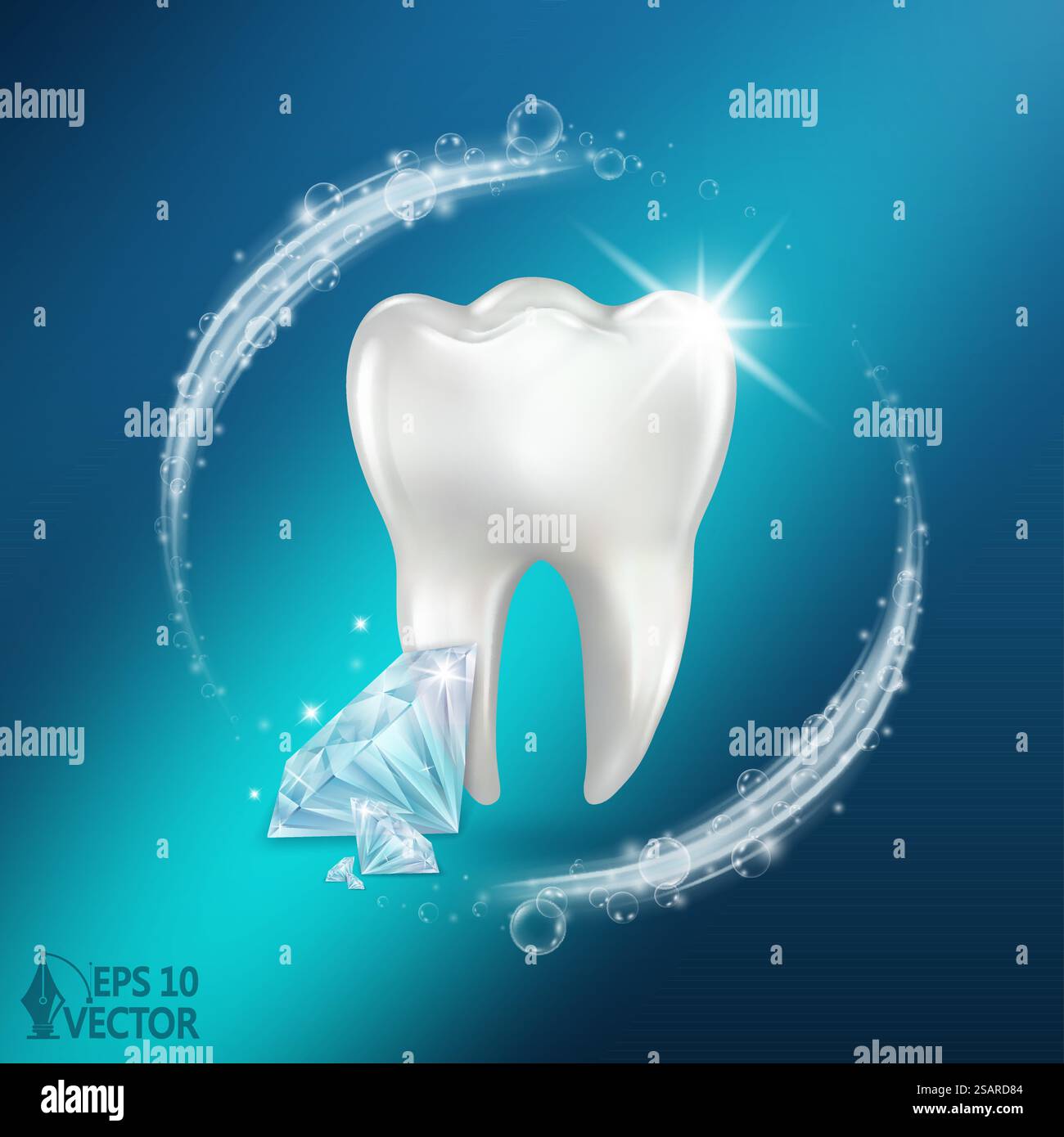 Realistic white shining tooth, crystal whitening, glowing diamond ...