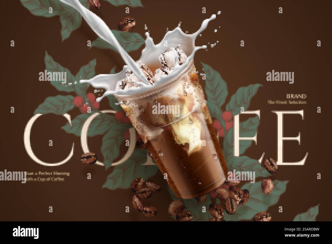 Cold brew coffee ads with retro style engraving over brown background ...