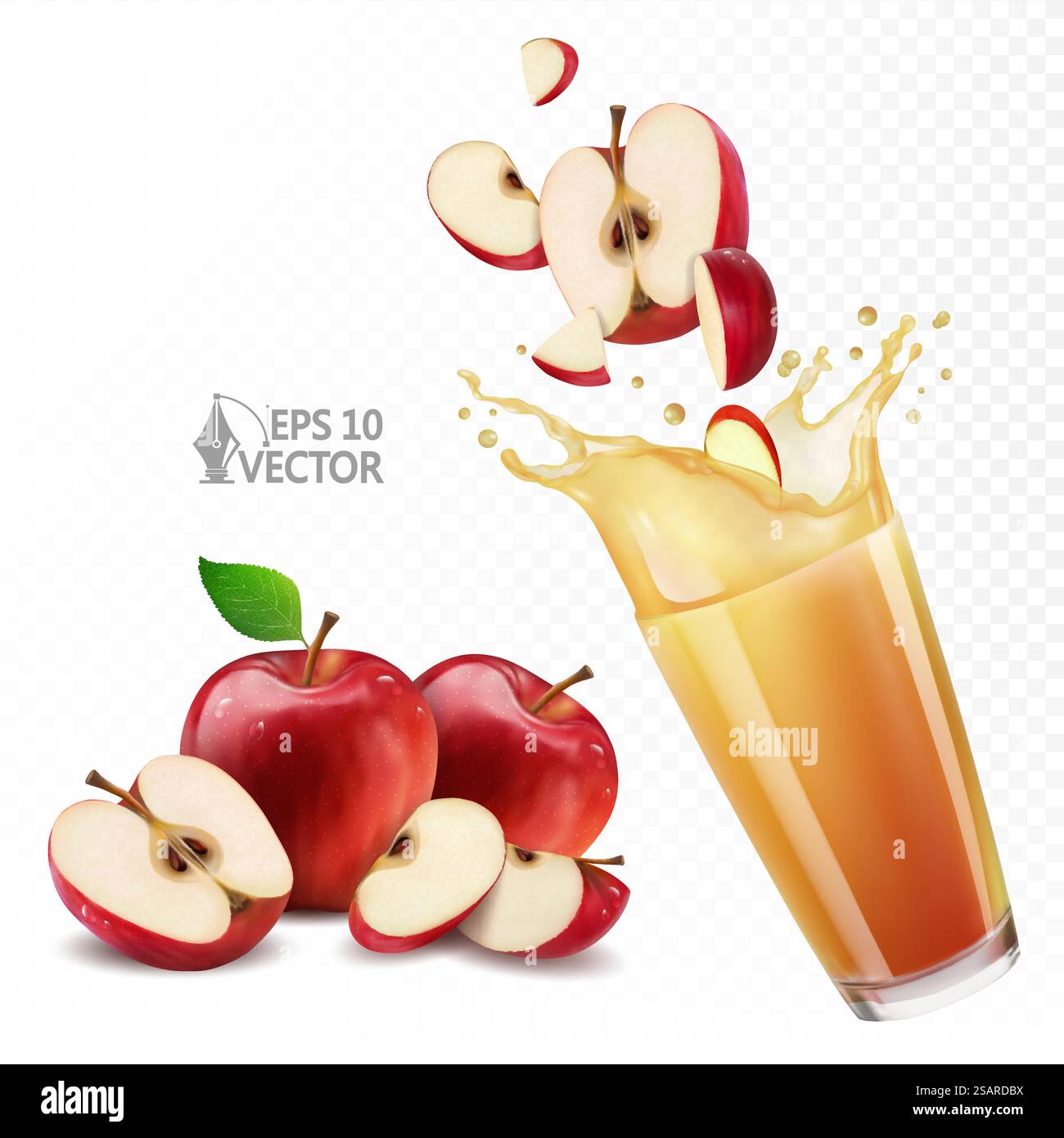 Natural apple juice in a glass, juicy splash and drops, set of real ...