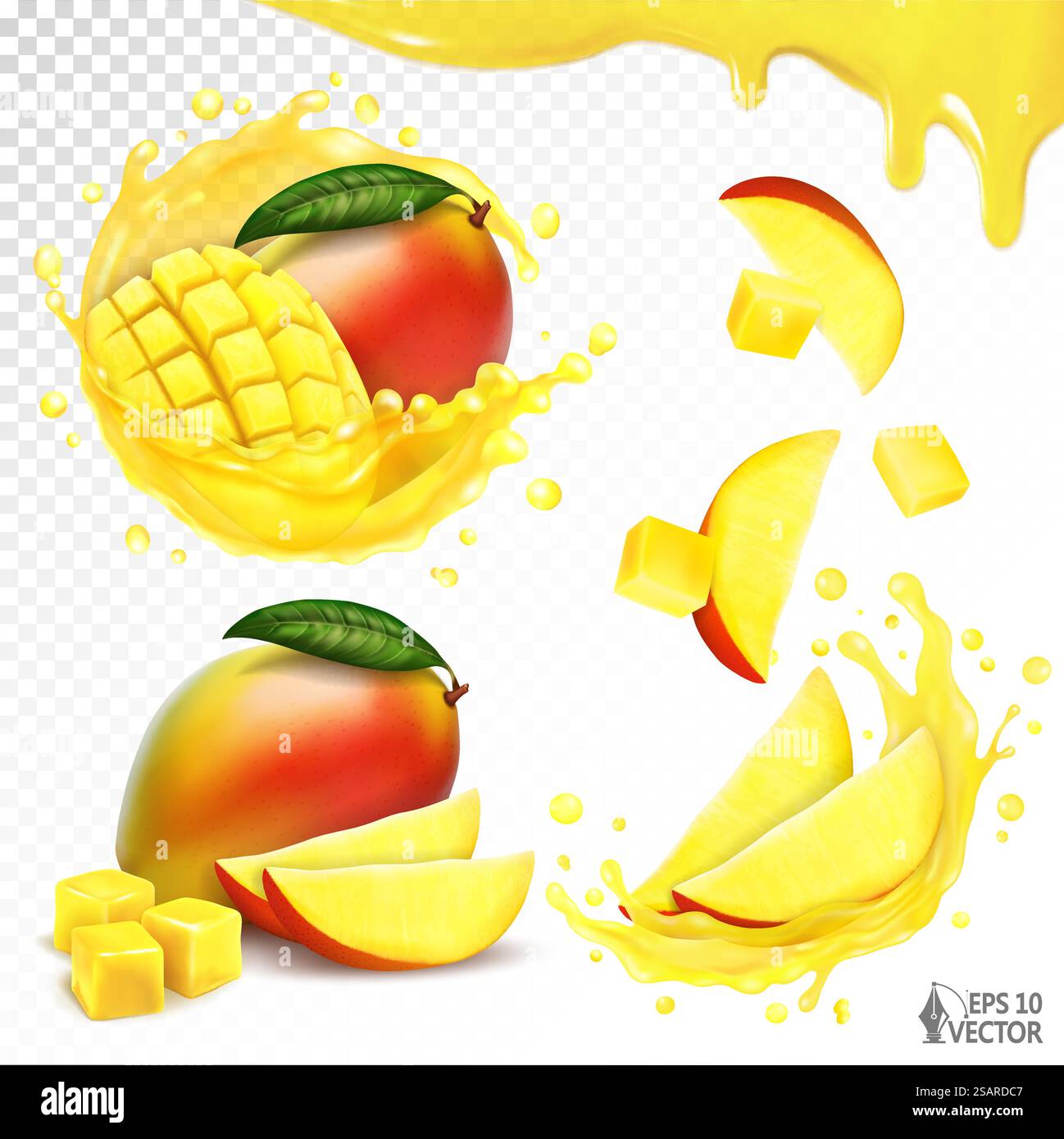 Ripe mango fruits. 3d realistic transparent juice splash, isolated ...