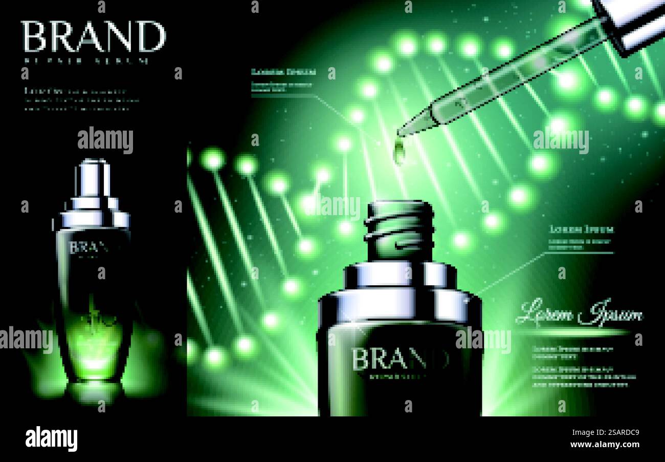 Green tone skincare droplet bottle ads with glowing gene helix effect ...