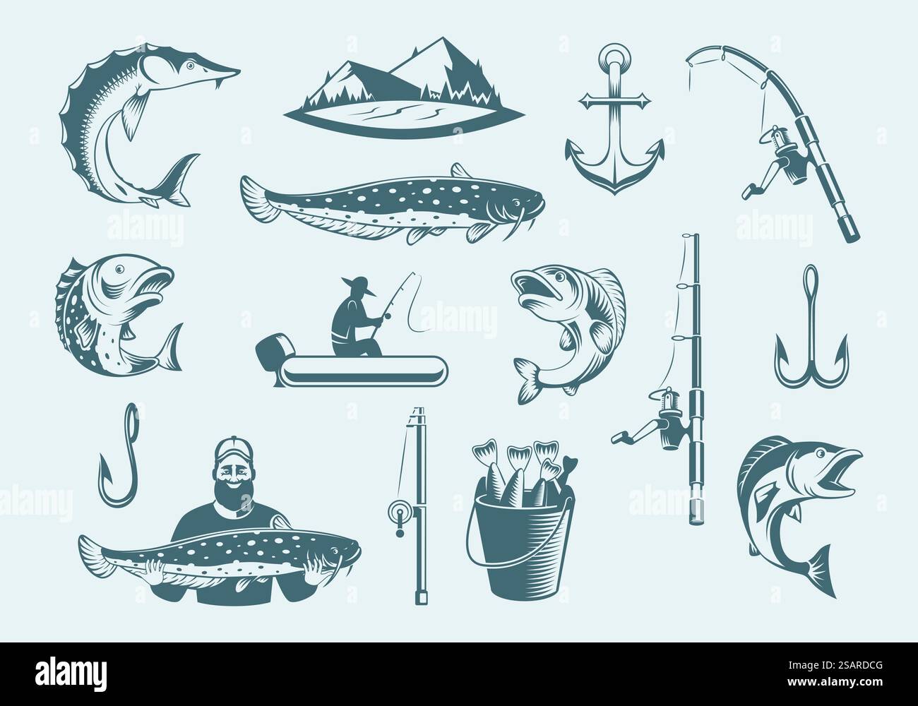 Fishing badges. Ocean stickers sport fishing sea or river food big ...