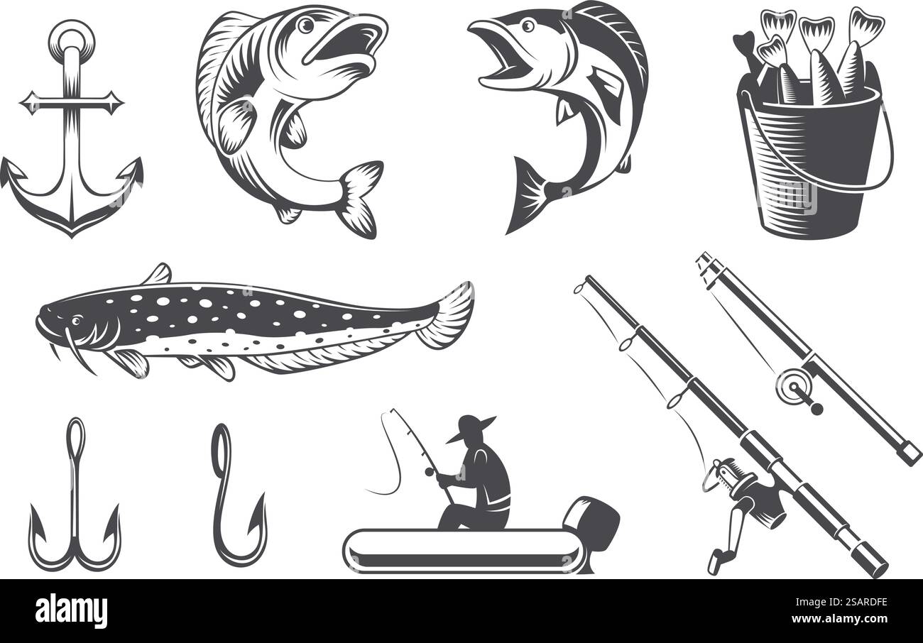 Fishing labels. Traditional water sport tournament with fishing rod ...