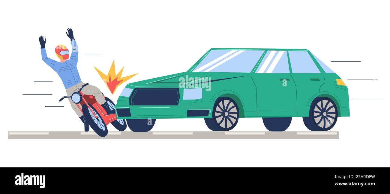 Motorcycle and car collision dangerous situation on city road vector ...