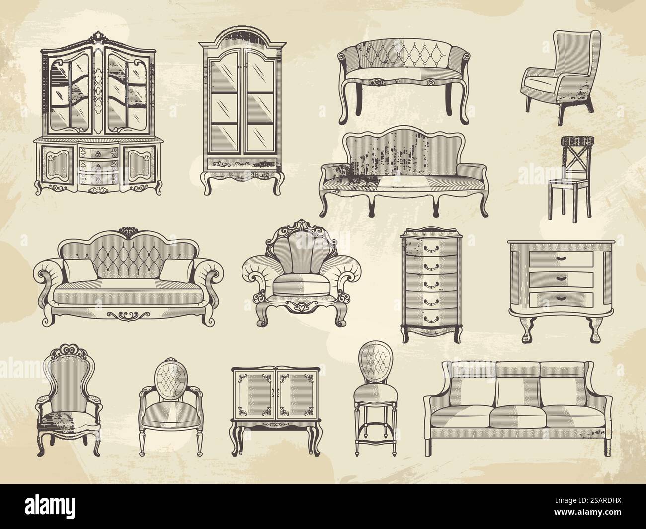 Vintage furniture. Chairs wardrobe beds and sofa tables house retro furniture recent vector hand ...