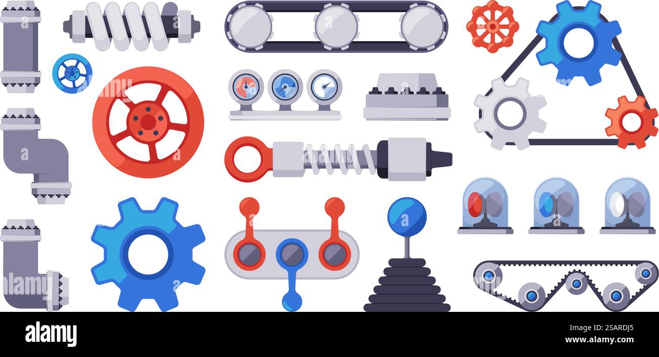 Mechanical parts. Gears buttons robotic arms engineering tools ...