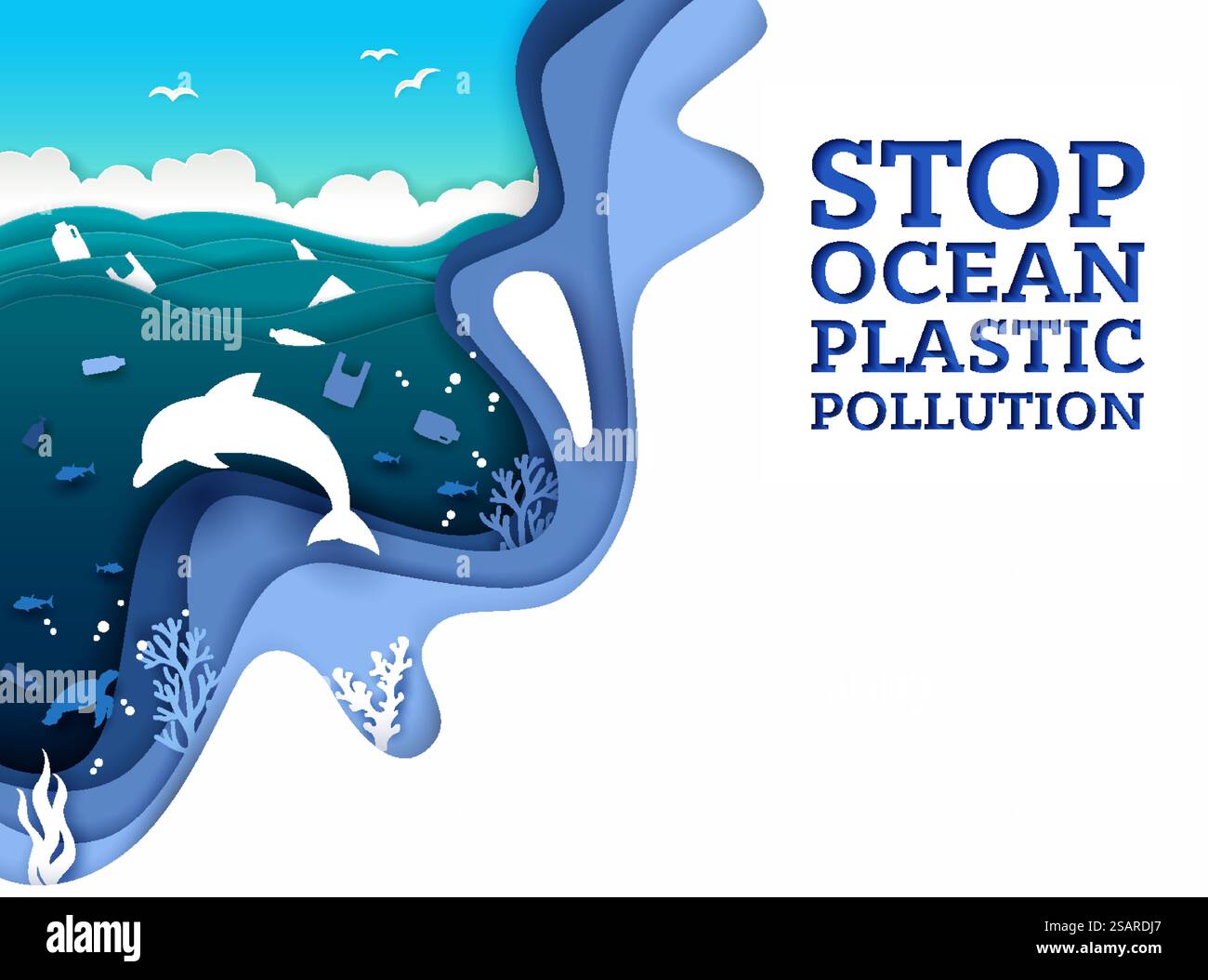 Stop ocean plastic pollution poster banner template, vector illustration in layered paper art ...