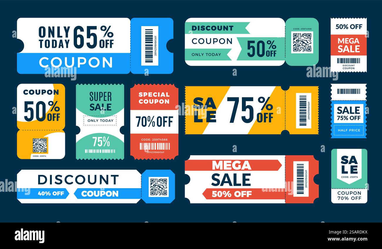 Coupon discount. Retail ads banners with price drop stickers barcode ...