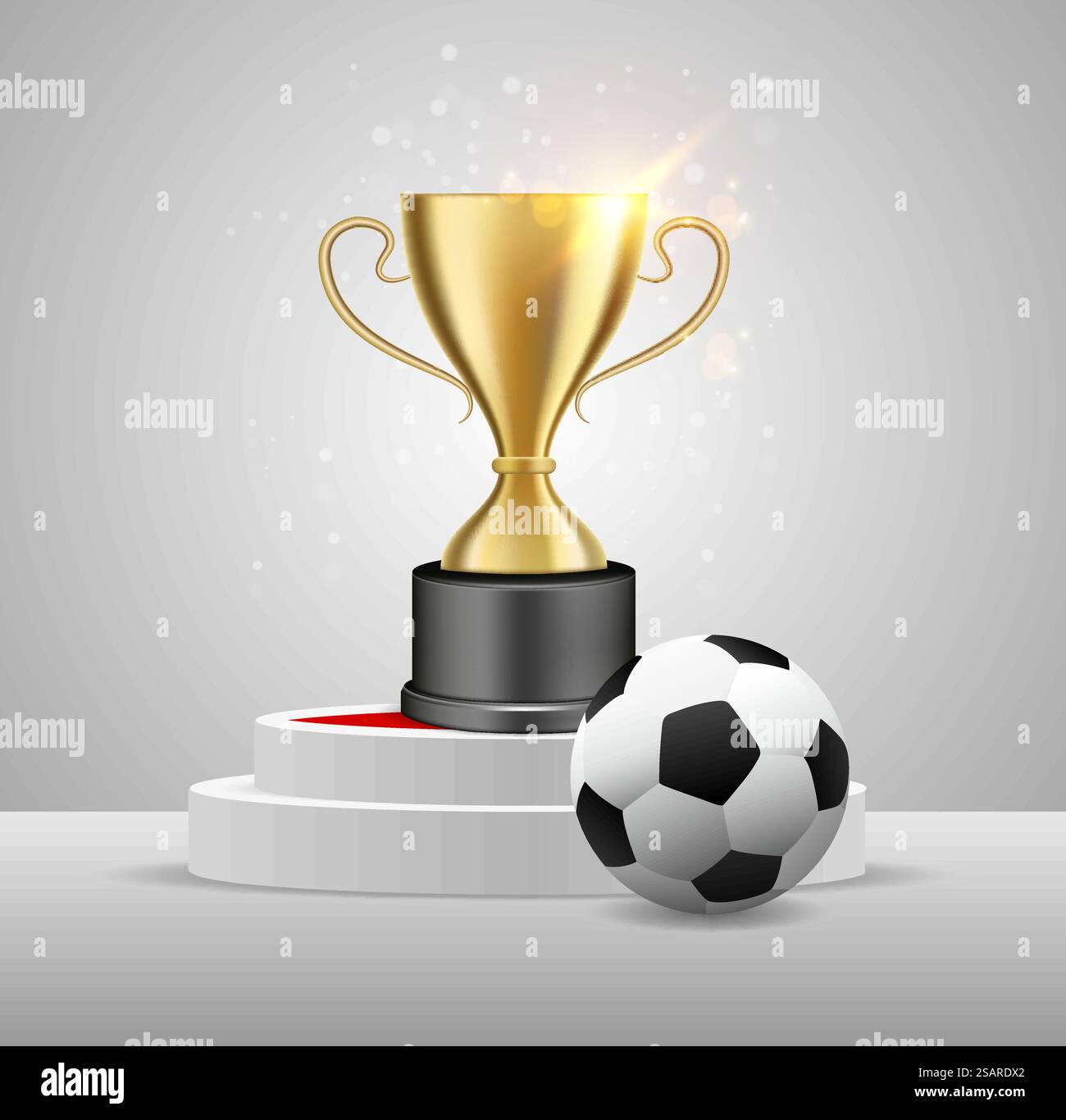 Soccer ball and trophy award on white round podium, vector illustration ...