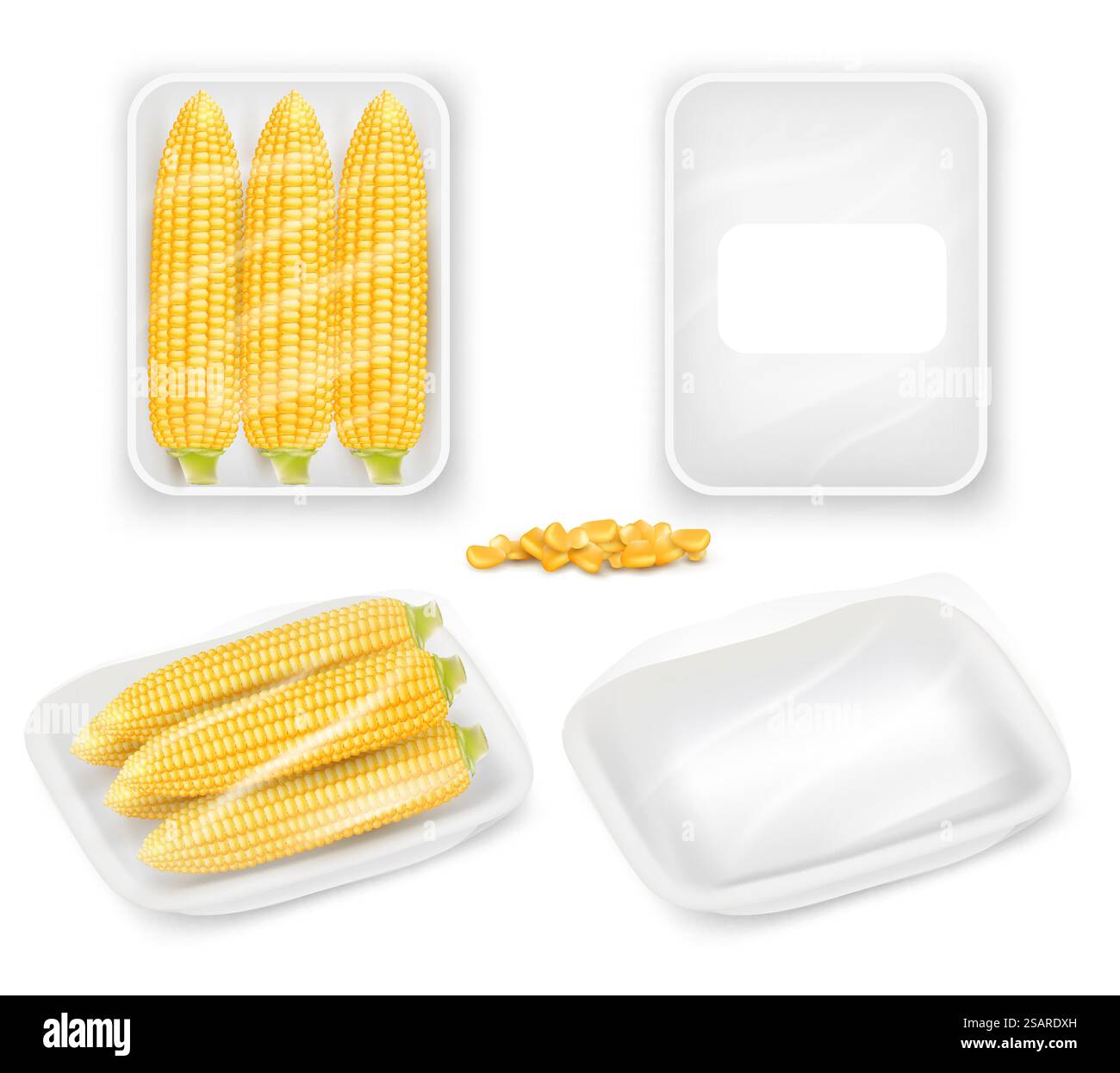 White empty and with corn food packaging tray wrapped with polyethylene ...