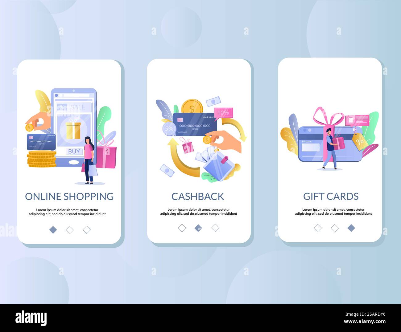 Retail rewards mobile app onboarding screens. Menu banner vector template for website and ...