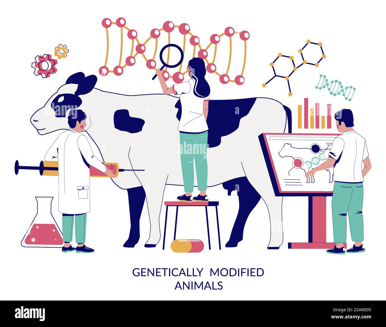 Genetically modified animals, vector flat illustration. Cow dna ...