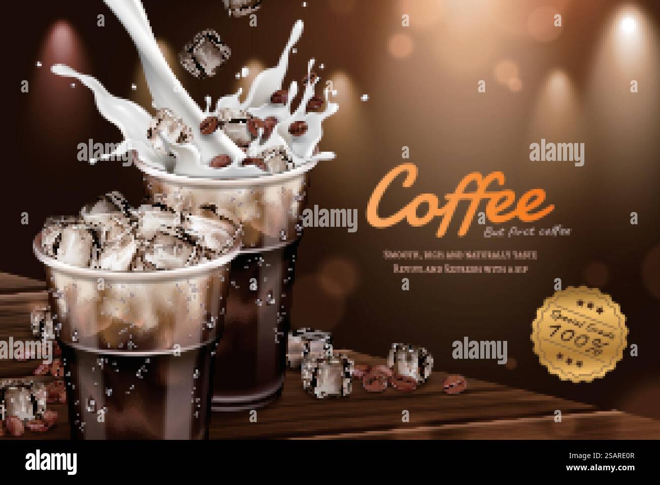 Cold latte ads with milk pouring down into takeout cup in 3d ...