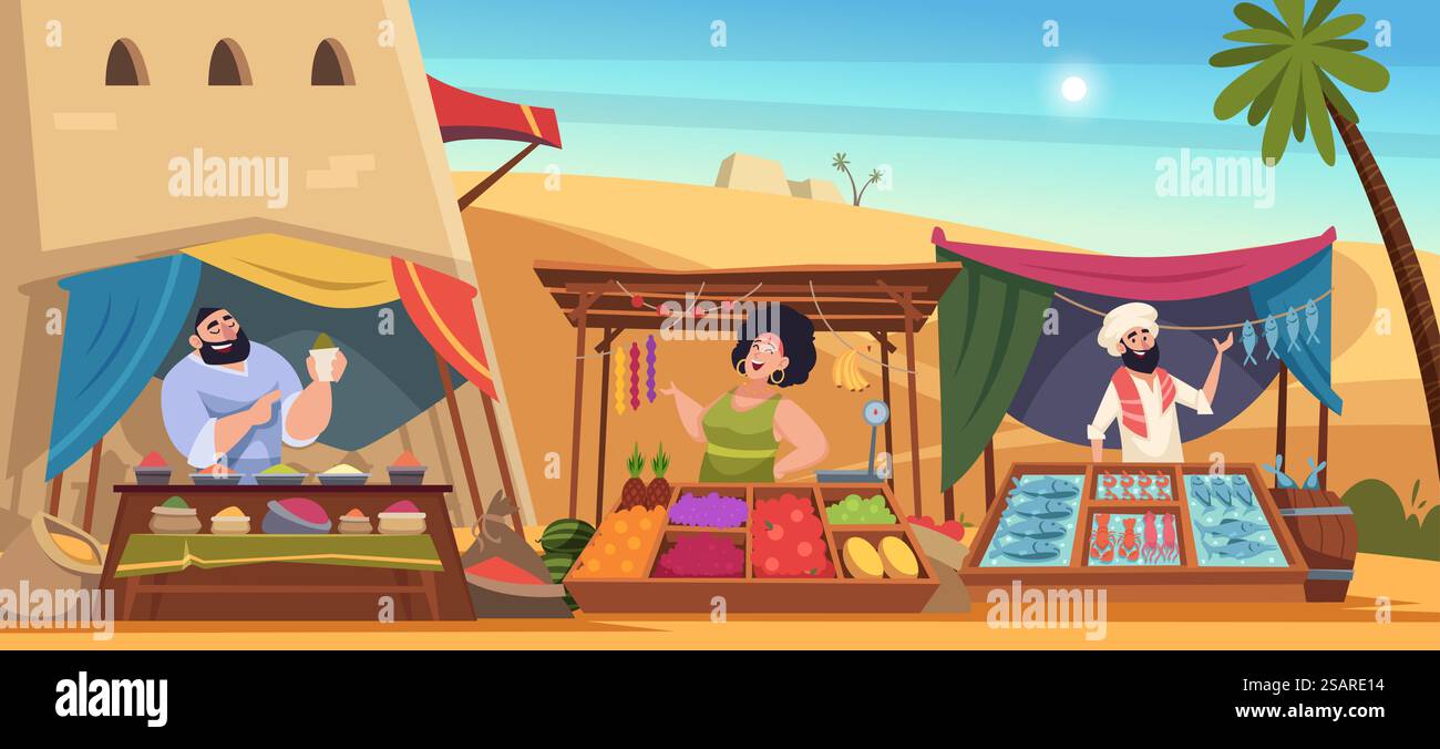Asian marketplace. East seller with beautiful colored handmade carpets ...