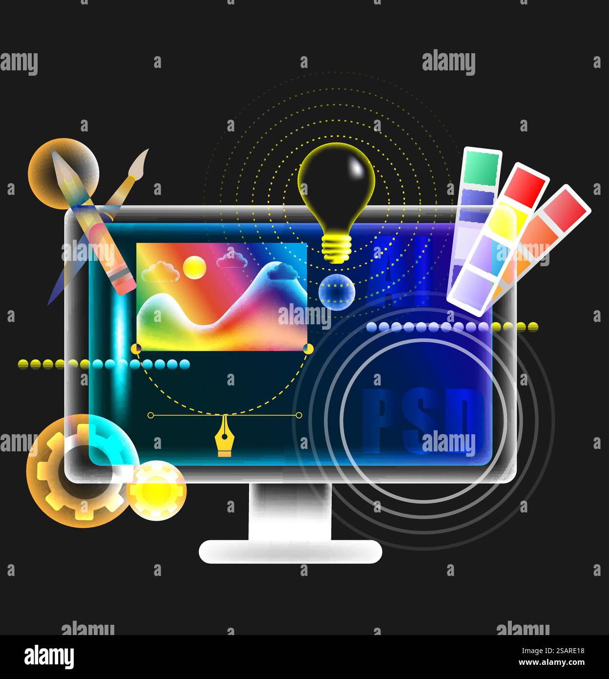 Web design creative vector banner template. Pc computer monitor screen illustration. Website ...