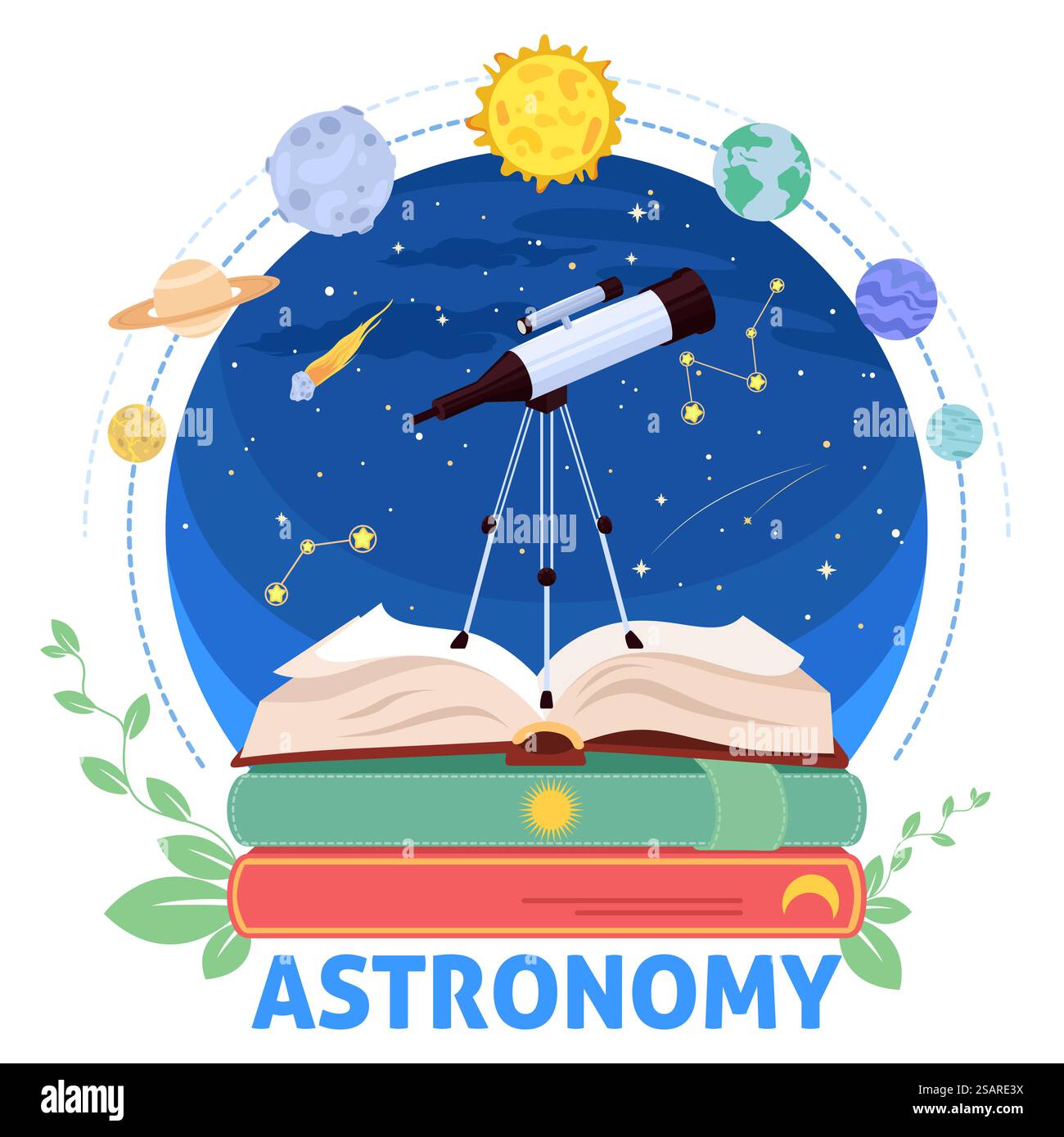 Astronomy education poster vector illustration with telescope on books ...