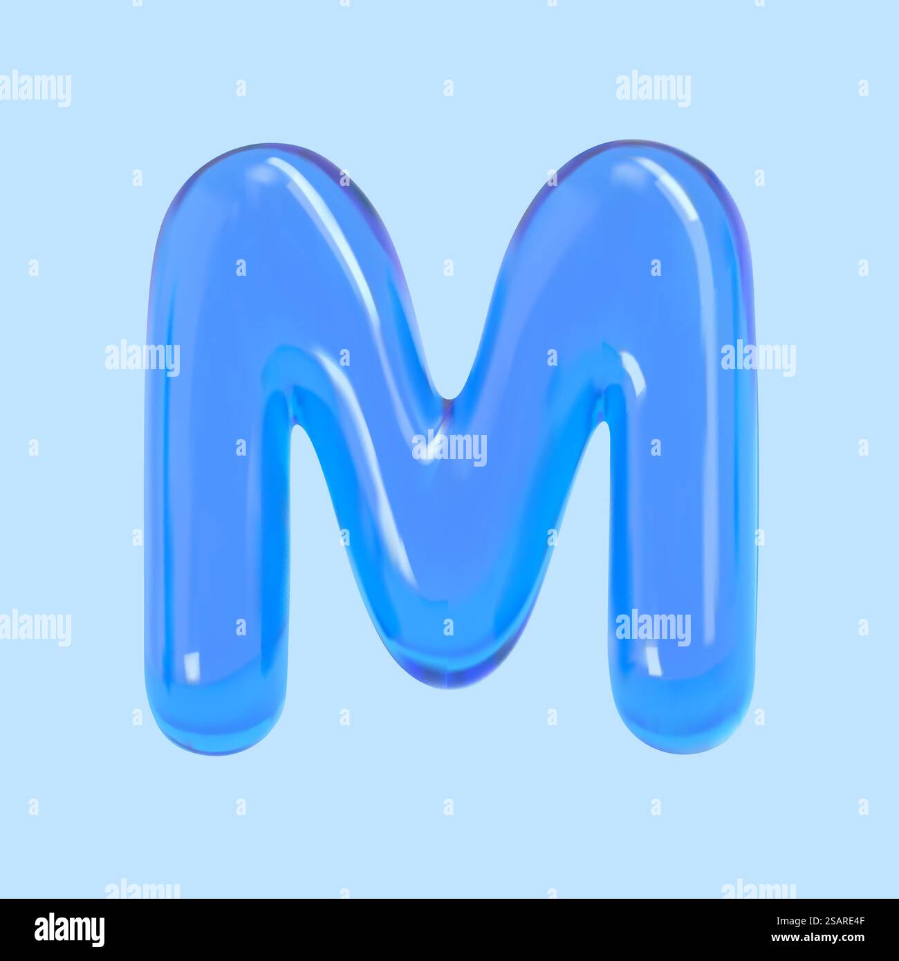 3d rendering azure balloon letter M made of water isolated on baby blue background. 3d blue ...