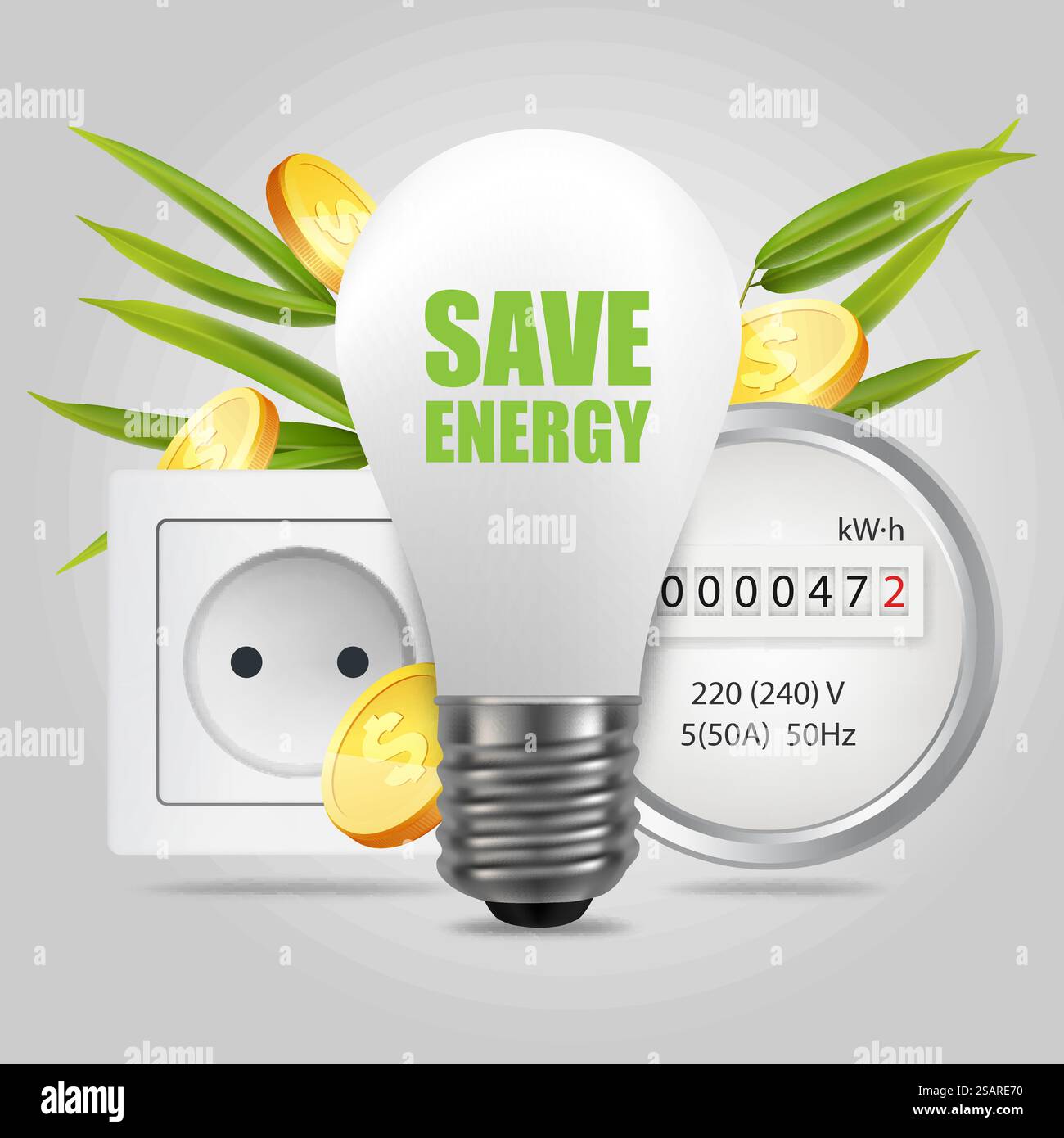 Electric lamp, energy meter, socket and dollar coins, realistic vector ...
