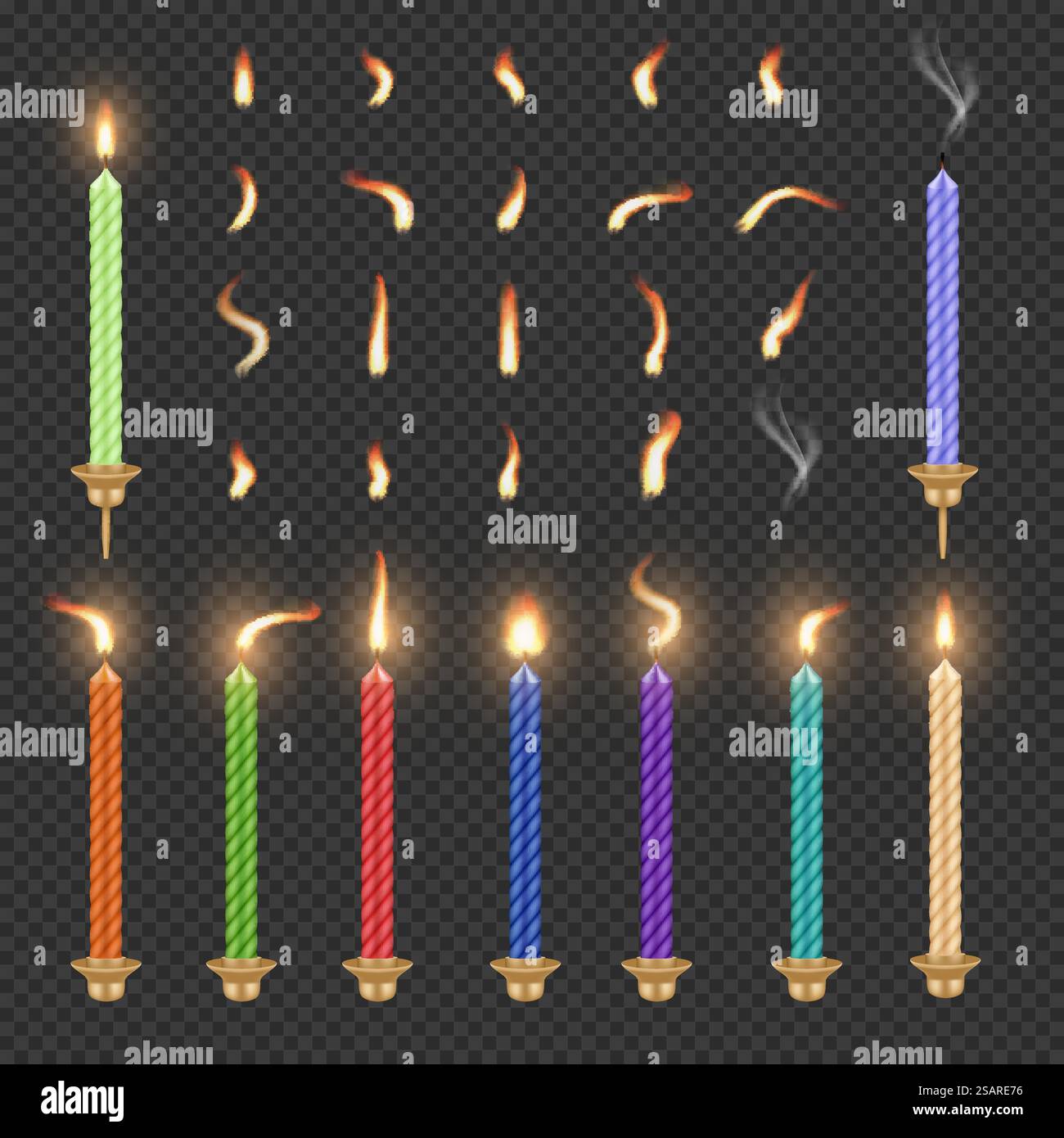Burning, extinguished birthday candle and flame set. Vector ...